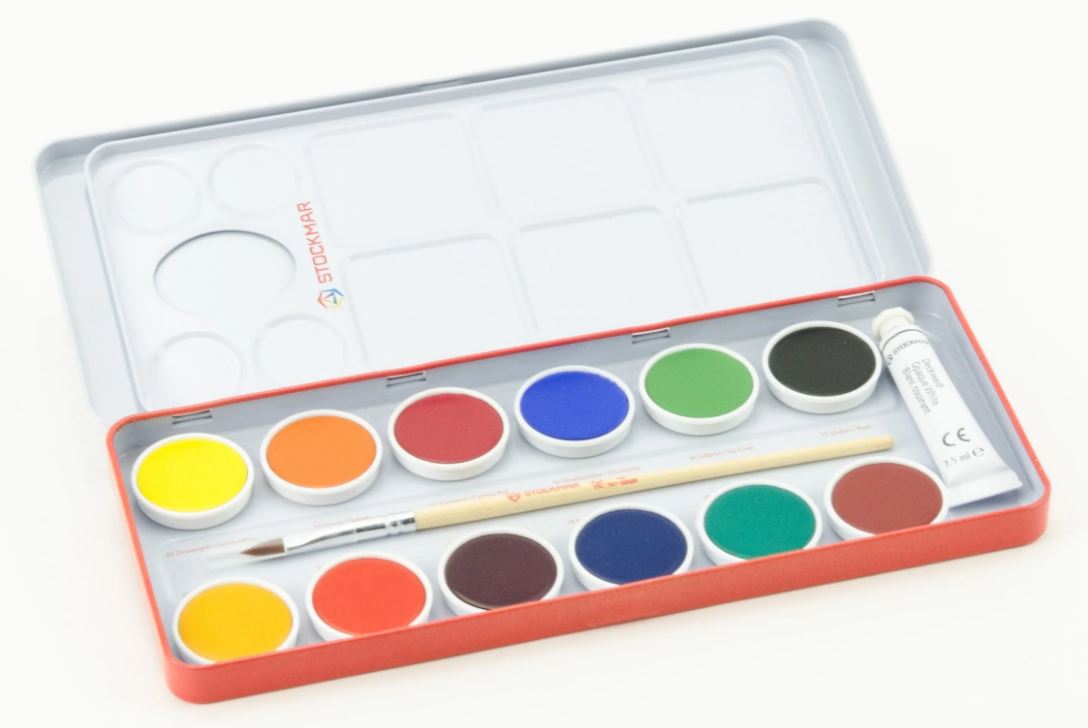 Stockmar Watercolour Paint Set in Tin 12 Opaque Colours, White, Brush ...